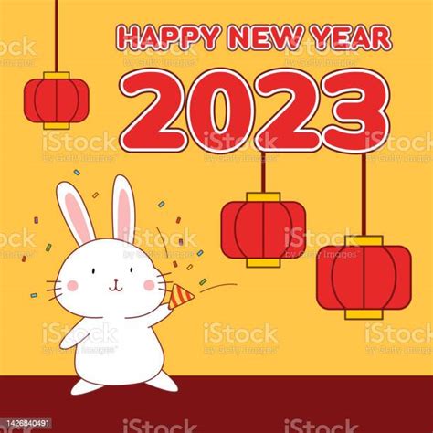 귀여운 토끼 만화와 함께 새해 복 많이 받으세요 캐릭터 디자인 벡터 일러스트 레이 션 2023년에 대한 스톡 벡터 아트 및 기타