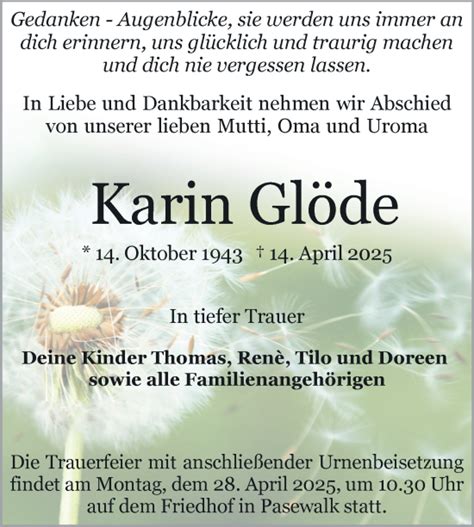 Traueranzeigen Von Karin Glöde Trauer Nordkurier