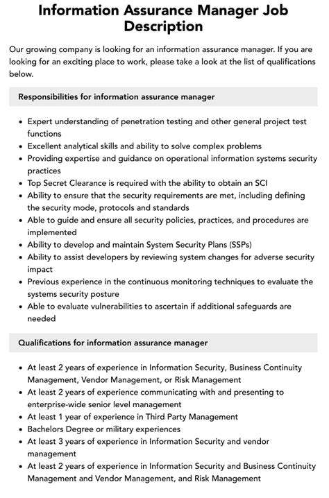 Information Assurance Manager Job Description Velvet Jobs