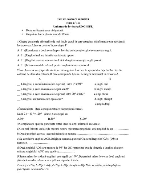 AcademiaABC Test De Evaluare Unghiul Clasa A V A