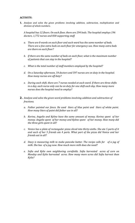 Activity In Math 1 Assignment Activity 1 Analyze And Solve The Given Problems Involving