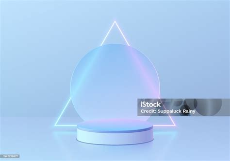 사실적인 실린더 연단 네온 불빛 삼각형 및 원형 배경이 있는 추상적인 파란색 3d 배경 미래 최소한의 벽 장면 모형 제품 디스플레이 벡터 기하학적 형태 쇼케이스를 위한 무대