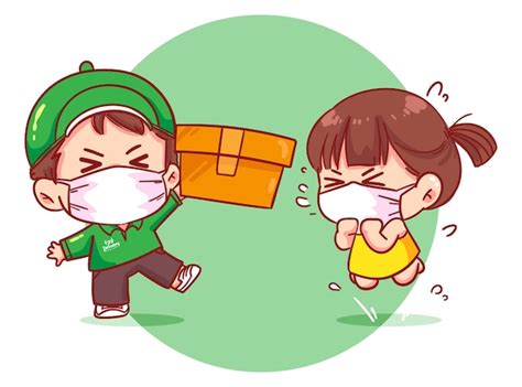 고객에게 소포 상자를주는 배달 남자 만화 예술 그림 무료 벡터