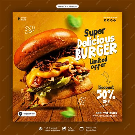 맛있는 햄버거와 음식 메뉴 소셜 미디어 배너 템플릿 무료 Psd 파일