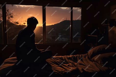 Premium Photo Silhouette Depressed Man Sadly Sitting On The Bed In