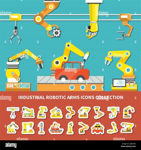 Flat Robotic Arm Colored Composition With Industrial Robotic Arms Icons Collection Description