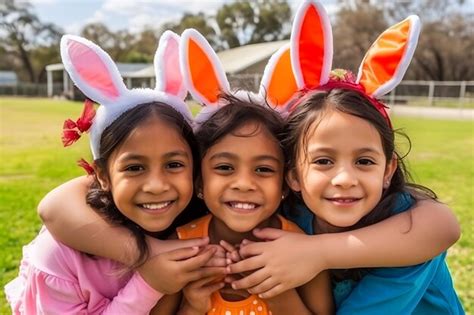 Premium Photo Happy Hispanic Girls In Bunny Ears Neural Network Ai