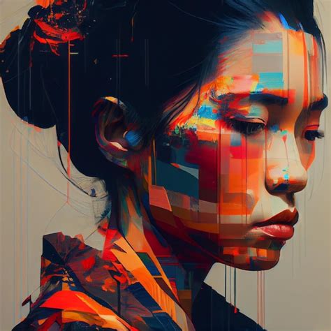 글리치 효과 삽화가 있는 아시아 여성의 추상 초상화 Generative Ai 프리미엄 사진