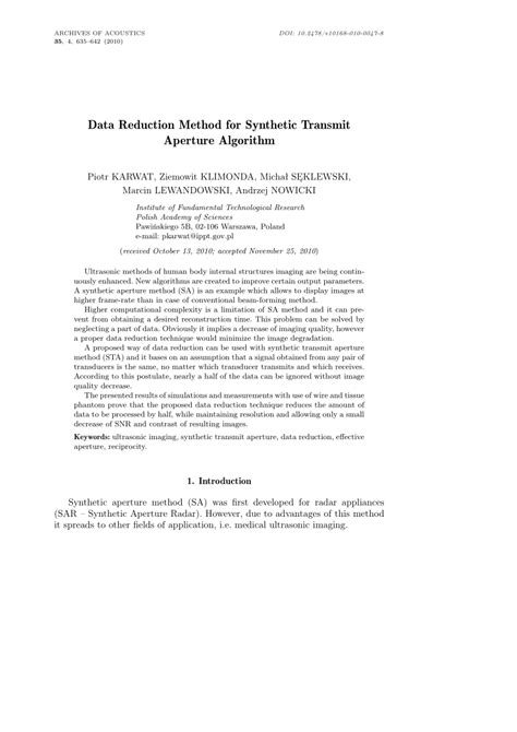 Pdf Data Reduction Method For Synthetic Transmit Aperture Algorithm