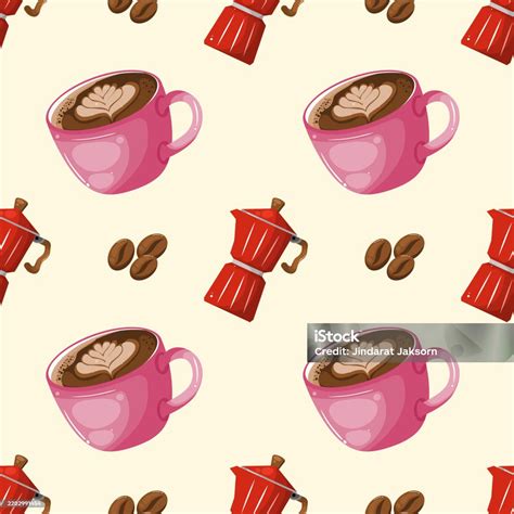 라떼 아트 머그잔 모카 포트 커피 원두를 포함한 커피 테마 요소의 완벽한 패턴입니다 커피 관련 제품 포장 및 직물에 사용하기에 이상적입니다 0명에 대한 스톡 벡터 아트 및