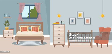 침실과 보육원의 인테리어 간이 침대가 있는 아늑한 침실 더블 침대 유아용 침대 안락 의자 카펫 창문이 있는 밝은 방의 벡터 만화 그림입니다 0명에 대한 스톡 벡터 아트 및