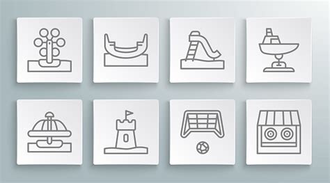 세트 라인 어트랙션 회전 목마 보트 스윙 샌드 타워 공이 있는 축구 골 슈팅 갤러리 어린이 슬라이드 스윙 보트 및 관람차 아이콘 벡터 골 스포츠 장비에 대한 스톡 벡터 아트