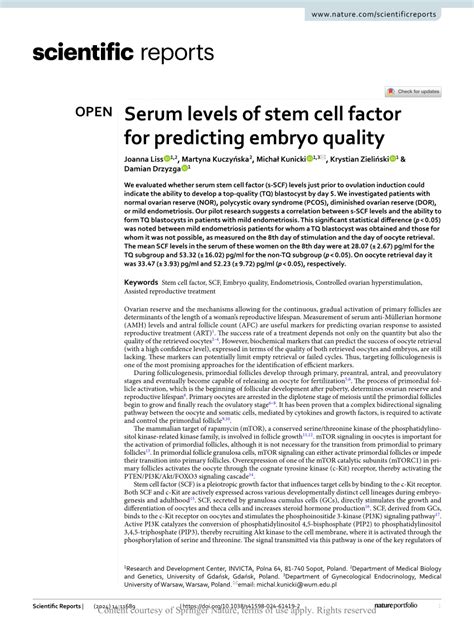 Pdf Serum Levels Of Stem Cell Factor For Predicting Embryo Quality