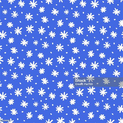 파란색 배경에 고립 된 작은 흰색 잉크 눈송이 귀여운 흑백 크리스마스 원활한 패턴 벡터 간단한 평면 그래픽 손으로 그린 그림 텍스처 겨울에 대한 스톡 벡터 아트 및 기타