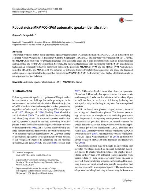 Robust Noise Mkmfccsvm Automatic Speaker Identification Request Pdf