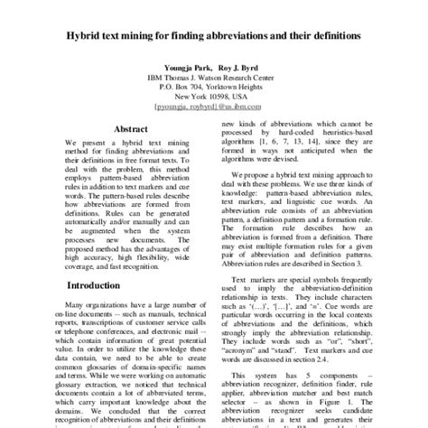 Hybrid Text Mining For Finding Abbreviations And Their Definitions