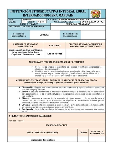 Clase De Catedra De La Paz 8 Grado 2023 Pdf Las Emociones Aprendizaje