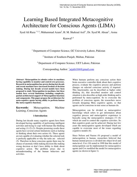 pdf learning based integrated metacognitive architecture for conscious agents lima