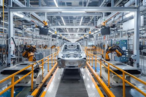 automated assembly line robots constructing vehicles on a modern