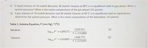 Solved a) A liquid mixture of 70 mole\% Benzene, 30 mole% | Chegg.com