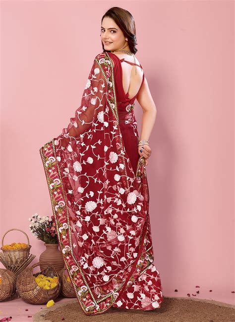Buy Red Net Classic Sari With Embroidered Work 290666