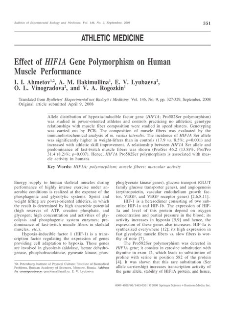 Pdf Effect Of Hif A Gene Polymorphism On Human Muscle Performance