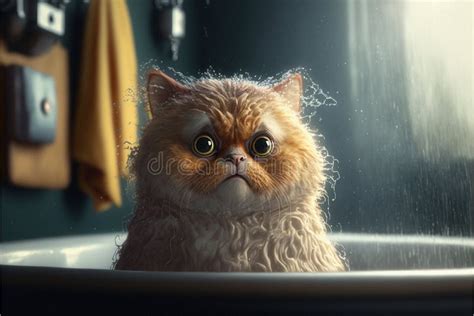 Funny Scared Or Grumpy Cat In Bath Tub Stock Illustration