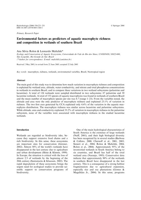 Pdf Environmental Factors As Predictors Of Aquatic Macrophyte