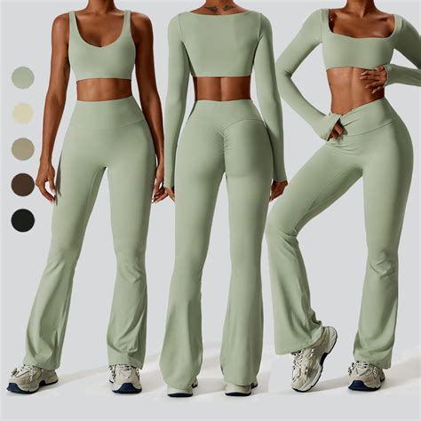 Yoga Set Workout Tights Crop Top Seamless Long Sleeve Fitness Suit