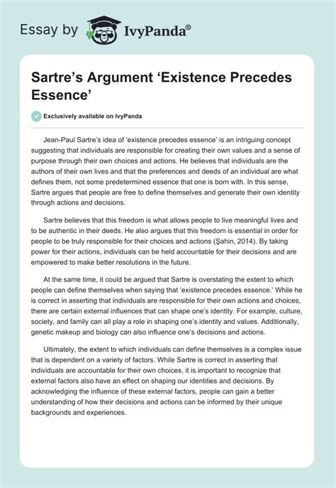 Sartres Argument Existence Precedes Essence 316 Words Essay Example