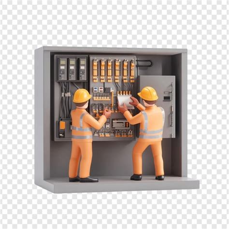 두 명의 전기 기술자가 투명한 배경에서 전기 패널 3d 렌더링을 하고 있습니다 무료 Psd 파일