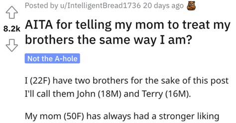 Woman Asks If Shes Wrong For Telling Her Mom To Treat Her Brothers The