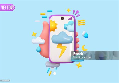 휴대 전화의 날씨 온라인 날씨 앱 현대 스마트 폰을 들고 손 창의적인 개념 아이디어 사실적인 3d 디자인 벡터 일러스트 레이 션 만화에 대한 스톡 벡터 아트 및 기타 이미지
