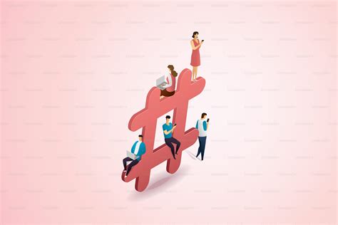 노트북 탭과 스마트폰을 통해 큰 해시태그에 앉아 문자를 보내는 젊은이들의 그룹 사진 메시지를 게시하고 소셜 미디어를 통해