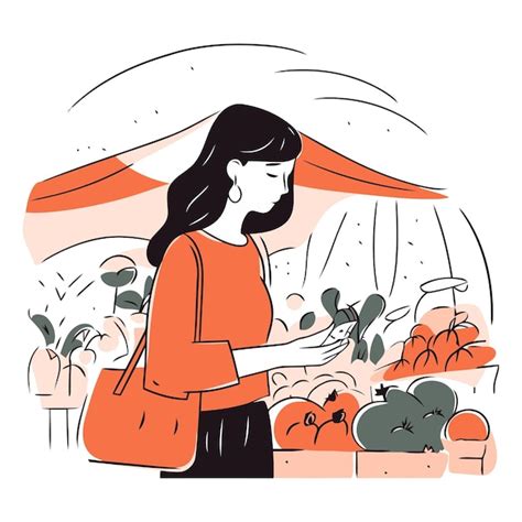 Mujer Comprando Verduras En El Mercado Al Estilo De Dibujos Animados Vector Premium