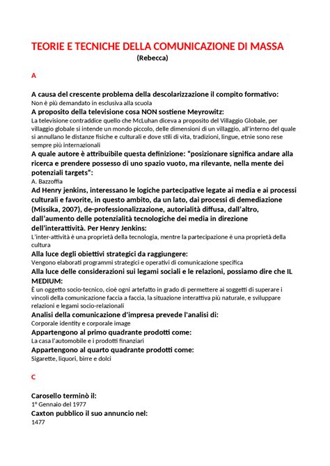Teorie Tecniche Della Comunicazione Di Massa Prove Desame Di Teorie