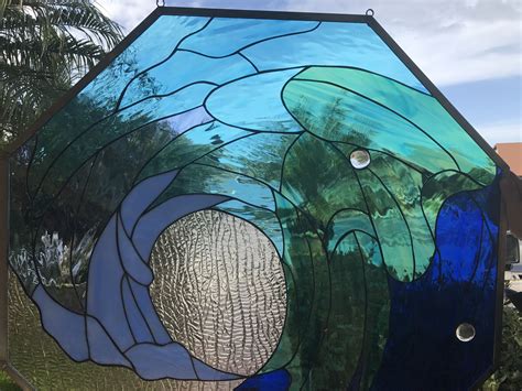 Octagonal Shaped Cresting Wave Stained Glass Window Panel Or Cabinet