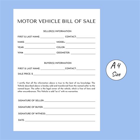 Motor Vehicle Bill Of Sale Blank Auto Bill Of Sale Motor Vehicle Bill Of Sale Template Motor