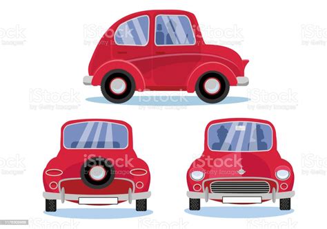 빨간 복고풍 자동차입니다 세 가지 보기로 설정 만화 자동차 측면 전면 뒤보기 드라이버와 둥근 헤드 라이트귀여운 차량 흰색 배경에 승객 실루엣 플랫 만화 벡터 차에 대한 스톡