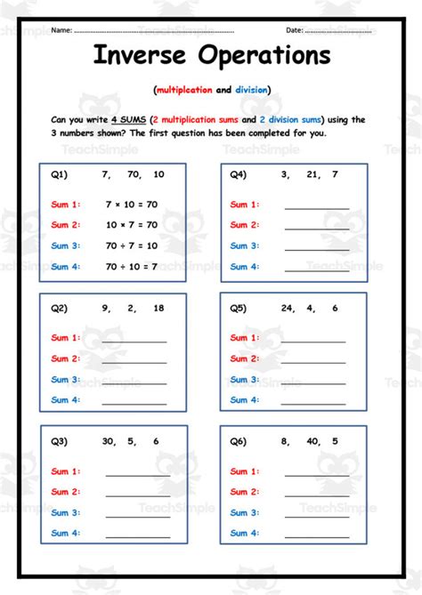 Inverse Operations Worksheet Grade 5 Printable Pdf Template