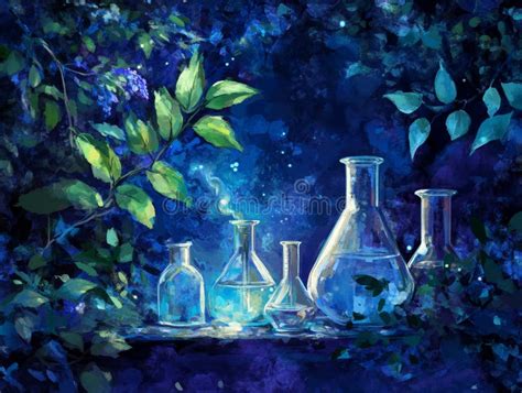 Natural Science Reflected Through Blue Liquid And Leaves In Laboratory Glassware Stock