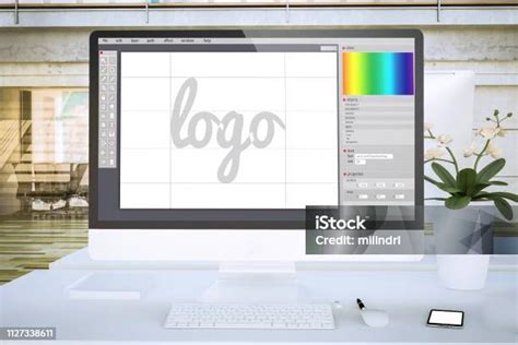 Komputer Layar Desain Grafis Di Mockup Kantor Foto Stok Unduh Gambar