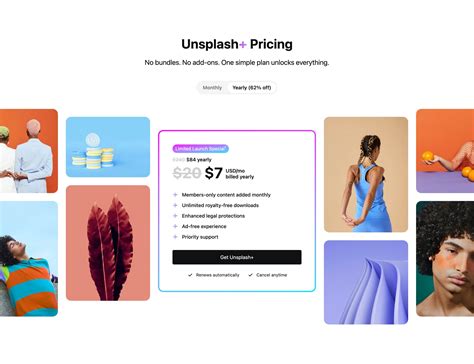 Unsplash Plus Pricing Table Featured On One Page Love
