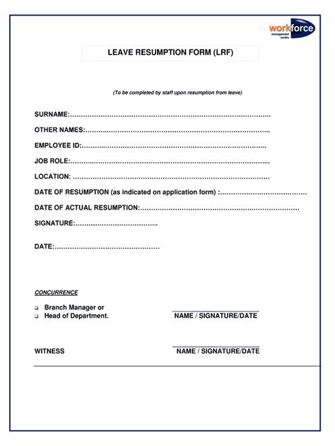 Leave Resumption Form Lrf Rm Workforce Employee Service Fill And Sign Printable