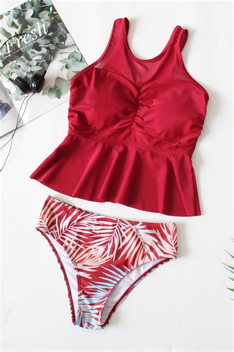 Sheer Mesh Ruched Tankini And Tropical Print Set Cupshe Au
