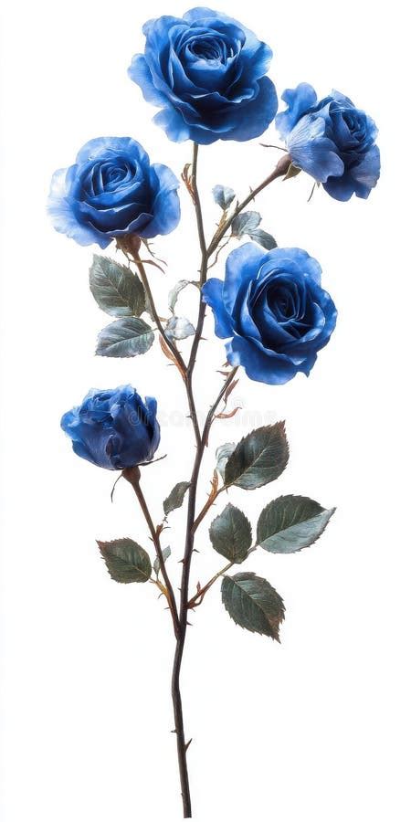 Single Stem Of Deep Blue Roses With Silver Green Leaves On White