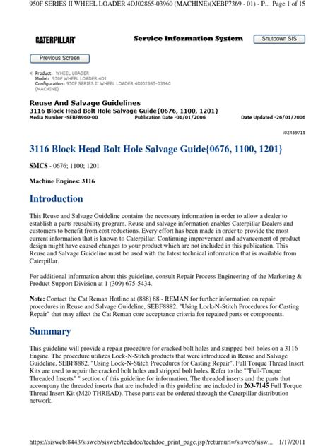 3116 Block Head Bolt Hole Salvage Guide Pdf Drill Screw