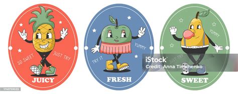 90년대 과일 재미있는 복고풍 히피 그루비 만화 캐릭터 배 파인애플 사과의 만화 캐릭터가 있는 레이블 그루비 여름 벡터 스티커 달콤한 육즙이 많은 신선한 과일 배너입니다