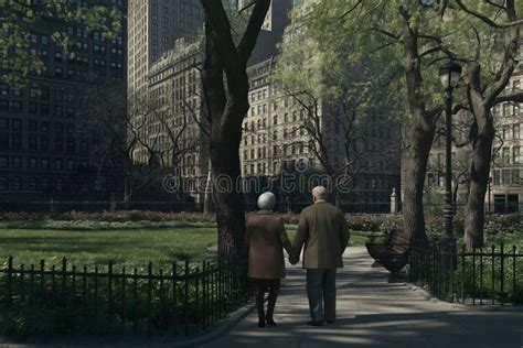Senior Couple Enjoys A Leisurely Stroll Hand In Hand Through A City