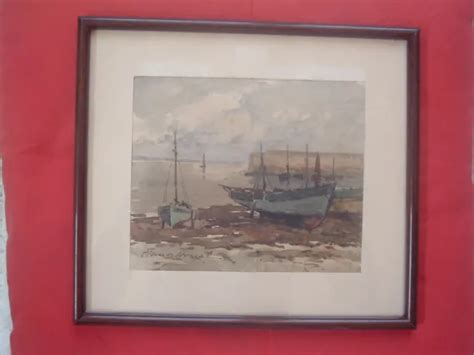 TABLEAU MARINE 1950 Aquarelle BARQUE VOILIER De C HOUAL Peintre Breton